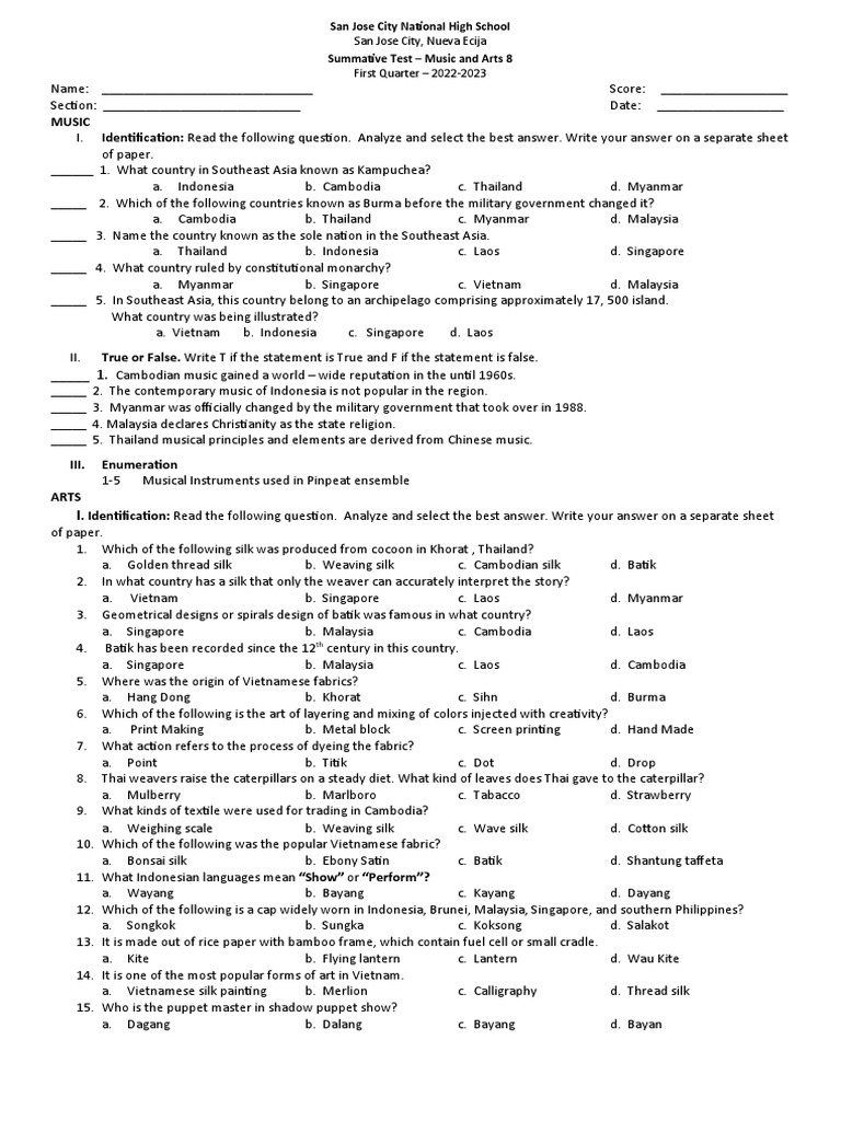 Summative Test Music AND ARTS | PDF | Silk | Southeast Asia