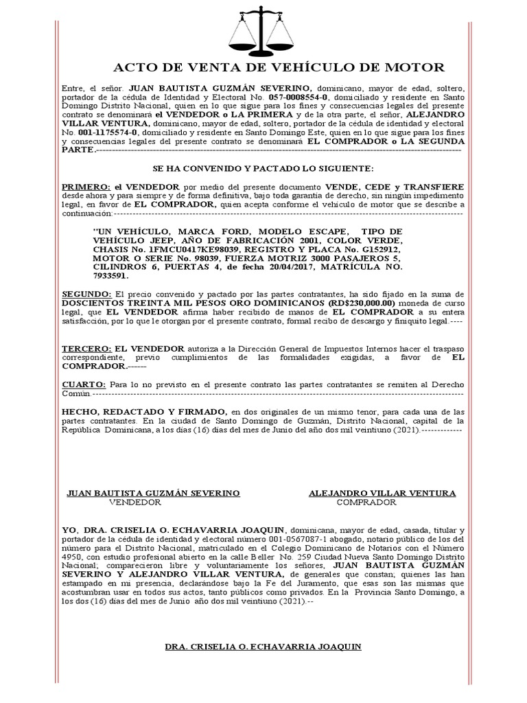 ACTO DE VENTA DE VEHÍCULO DE MOTOR - Juan Bautista Guzman | PDF ...