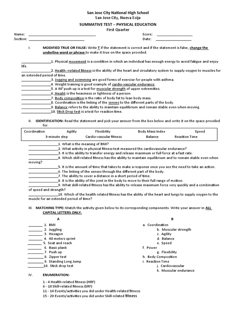 Summative Test PE - 1st Quarter | PDF | Physical Fitness | Skeletal Muscle