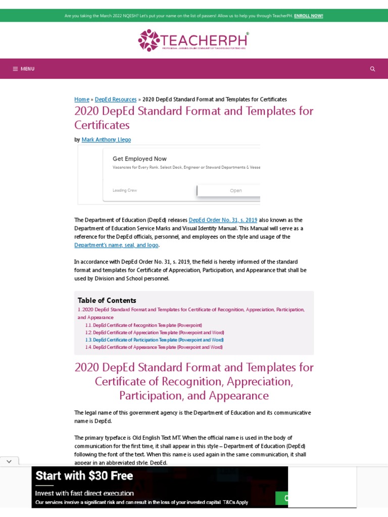 2020 DepEd Standard Format and Templates For Certificates - TeacherPH ...