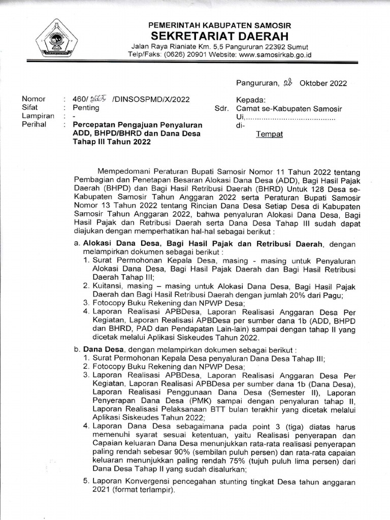 Surat Bupati Samosir Tentang Percepatan Penyaluran Tahap III Tahun 2022 | PDF