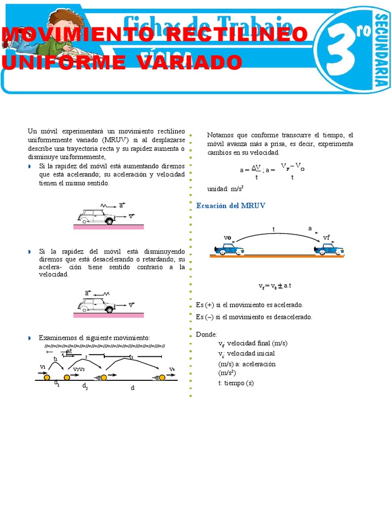 Movimiento Rectilineo Uniforme Variado para Tercer Grado de Secundaria | PDF | Velocidad ...
