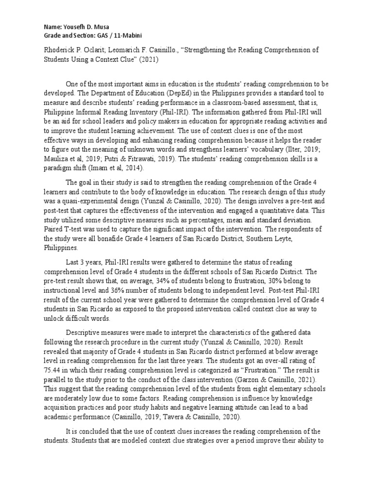 Strengthening Grade 4 Students' Reading Comprehension Through Context ...