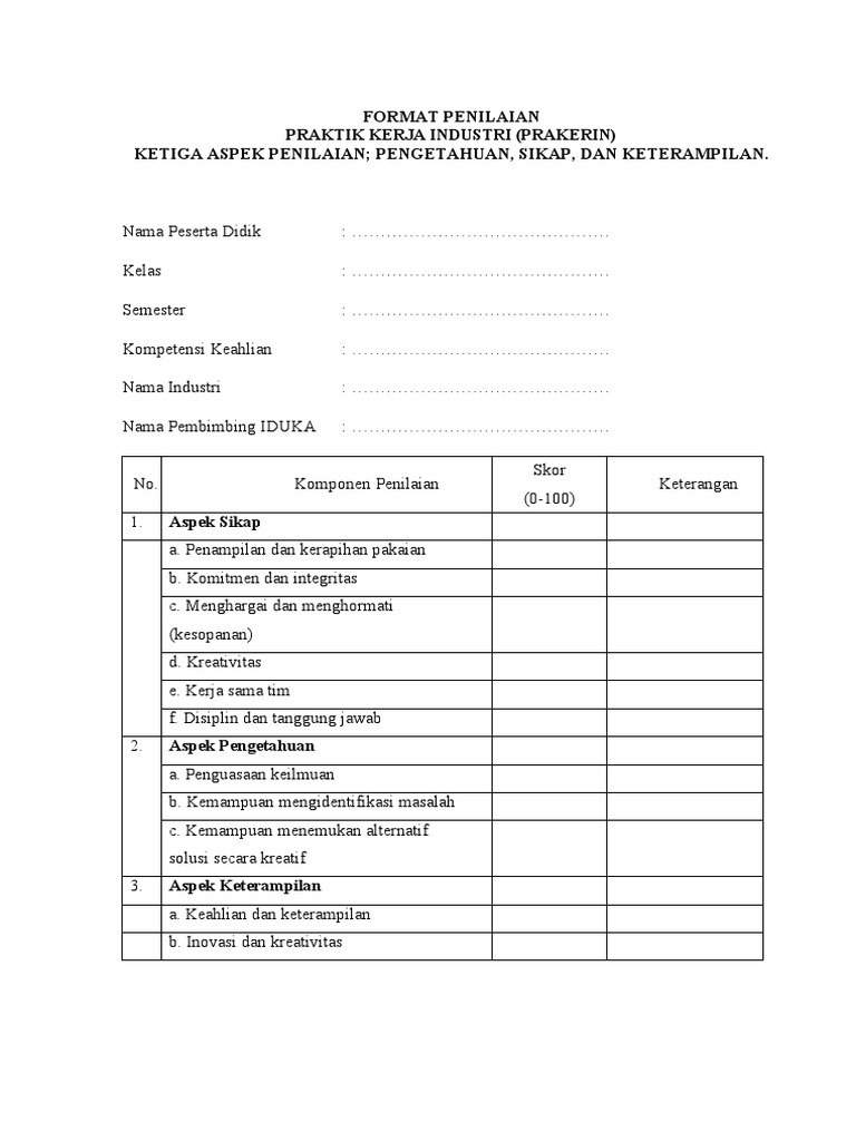 Format Penilaian Prakerin | PDF