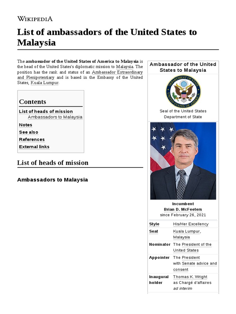 List of Ambassadors of The United States To Malaysia | PDF | Ambassador ...