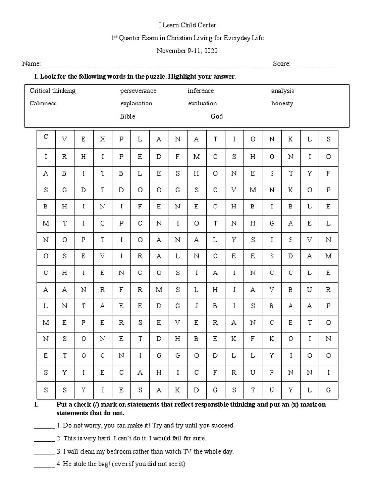 1st Quarter Exam in Christian Living For Everyday | PDF