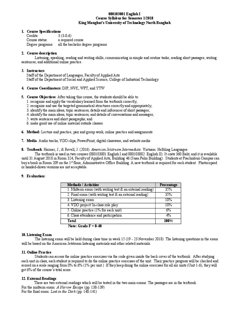 English I Course Syllabus 1-2018 | PDF | Textbook | English Language