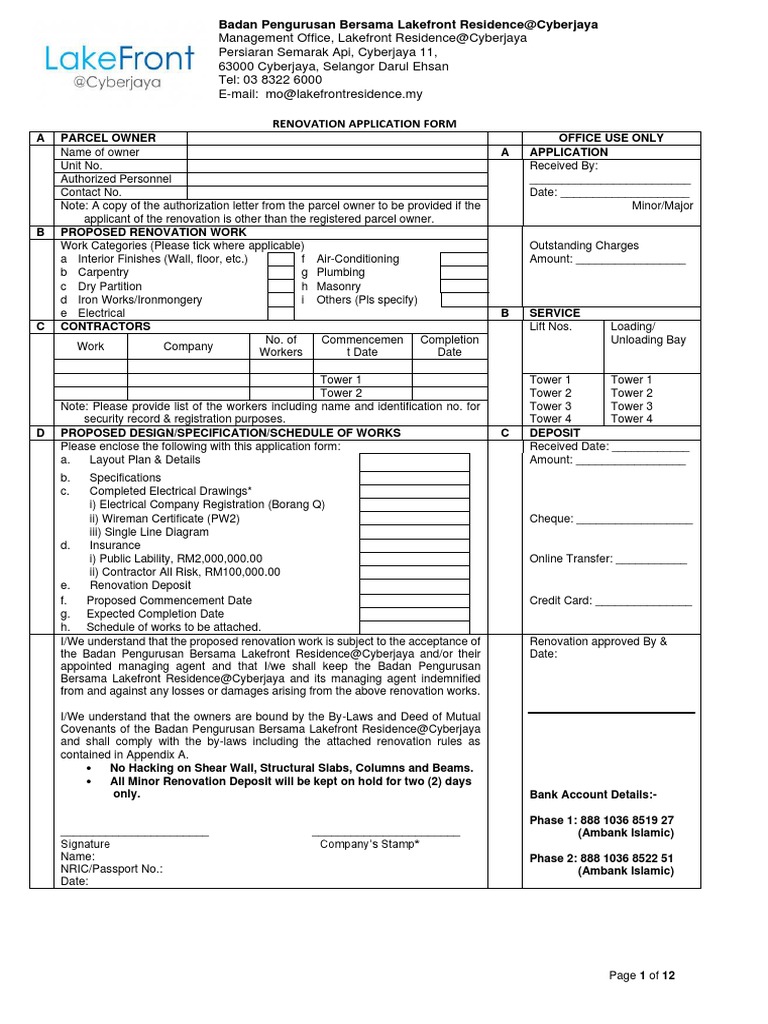 Major, Minor Renovation Form | PDF | Indemnity | Elevator