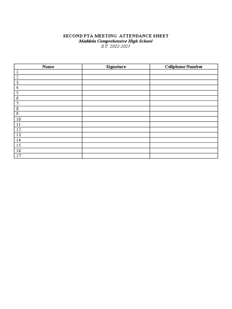 Second Pta Meeting Attendance Sheet | PDF