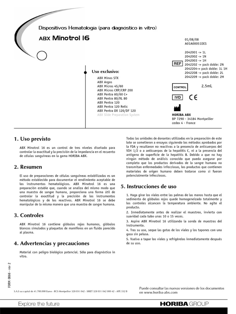 Minotrol 16: Dispositivos Hematología (Para Diagnóstico in Vitro) ABX | PDF