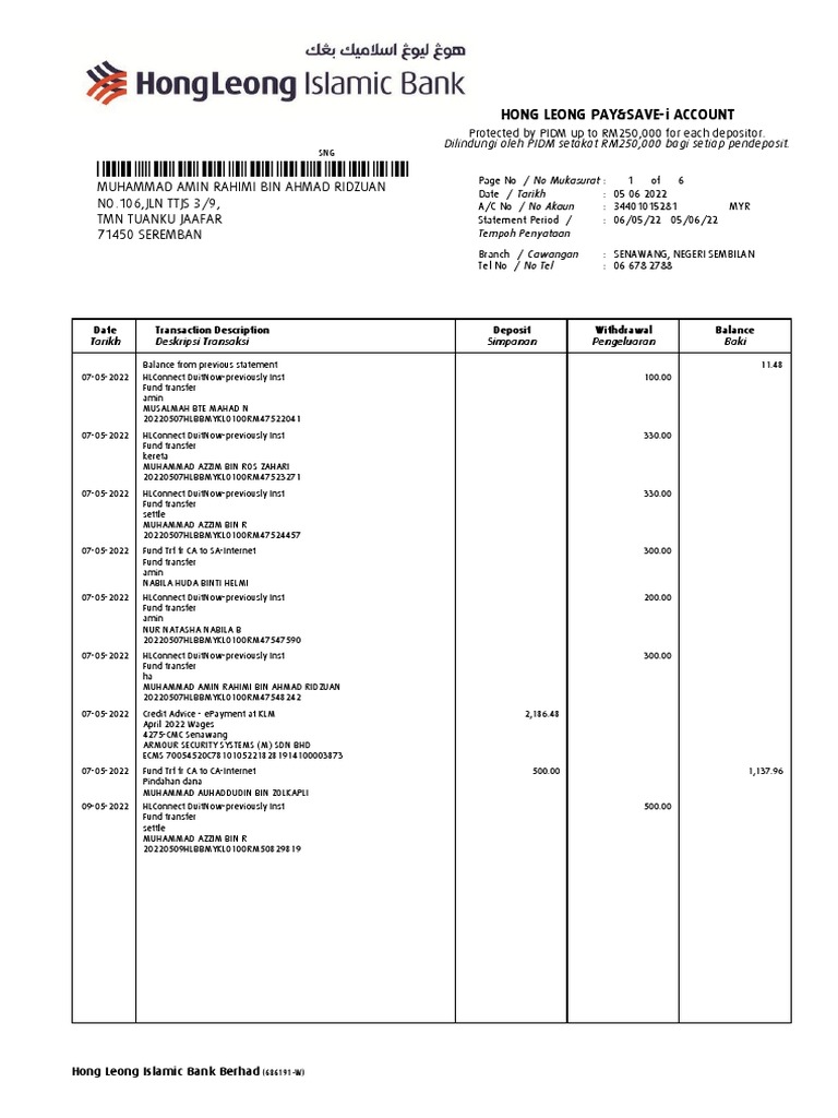 Hong Leong Pay&Save Account Statement | PDF | Deposit Account | Economies