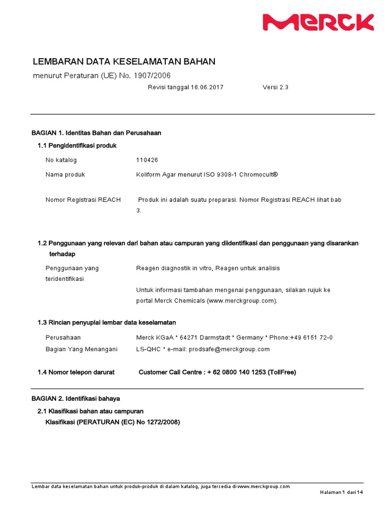 MSDS Chromocult Coliform Agar - 110426 | PDF