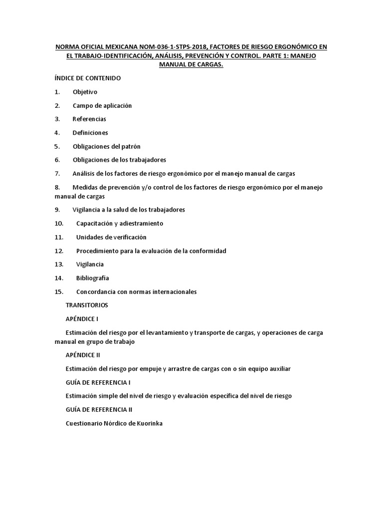 Norma Oficial Mexicana Nom-036-1-Stps-2018 | PDF | Factores humanos y ...