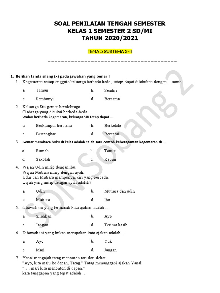 PTS KELAS 1 - Tema 5 Subtema 3 - 4 - Kamimadrasah | PDF
