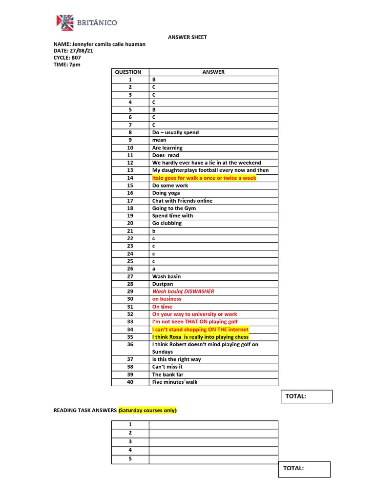 Answer Sheet for English Test B07 | PDF