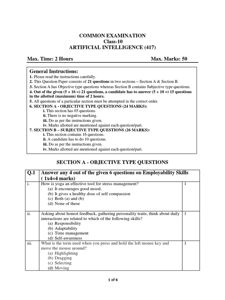 Class 10 AI Examination Paper | PDF | Artificial Intelligence ...