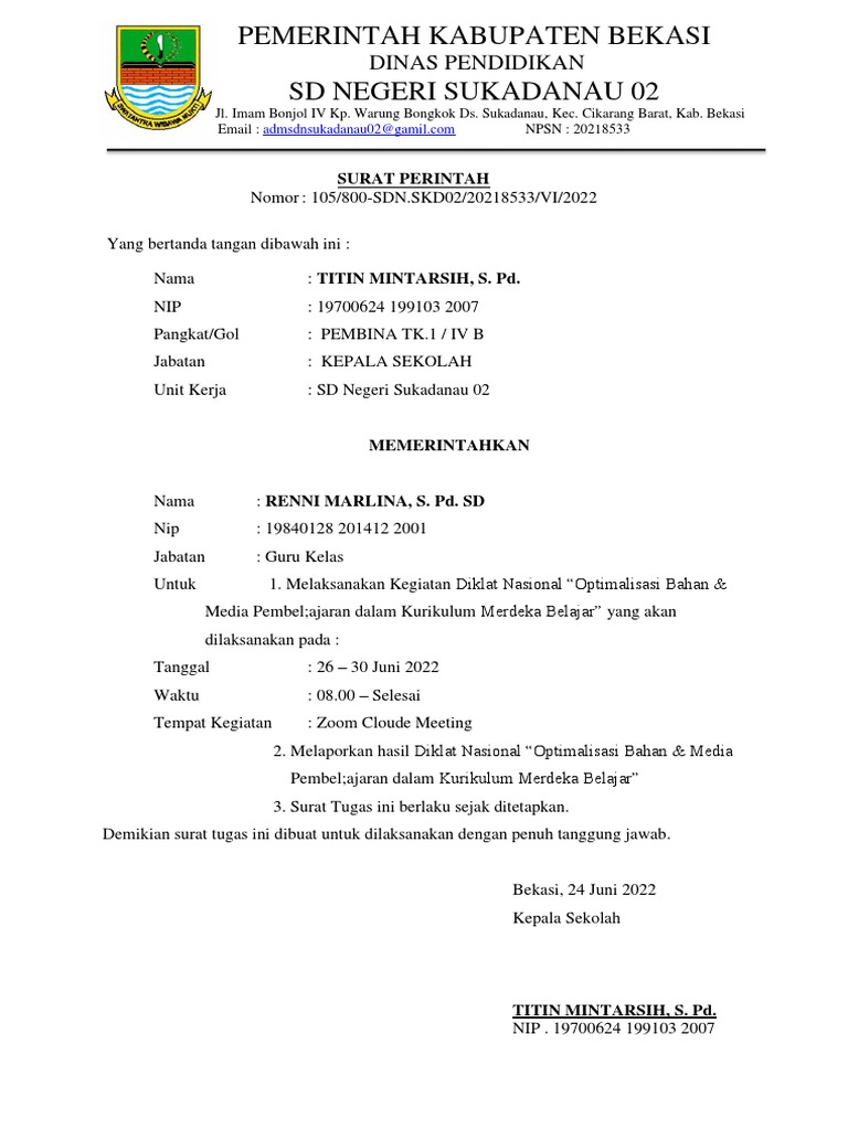 Surat Tugas PJJ Disdik Bu Reni | PDF