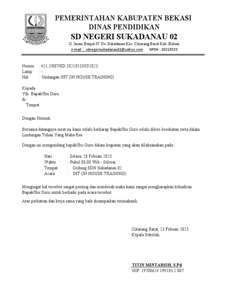 Undangan IHT (IN HOUSE TRAINING) | PDF