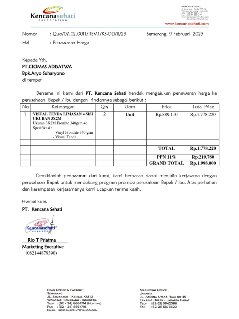 Penawaran Harga PT - CIOMAS Visual Tenda | PDF