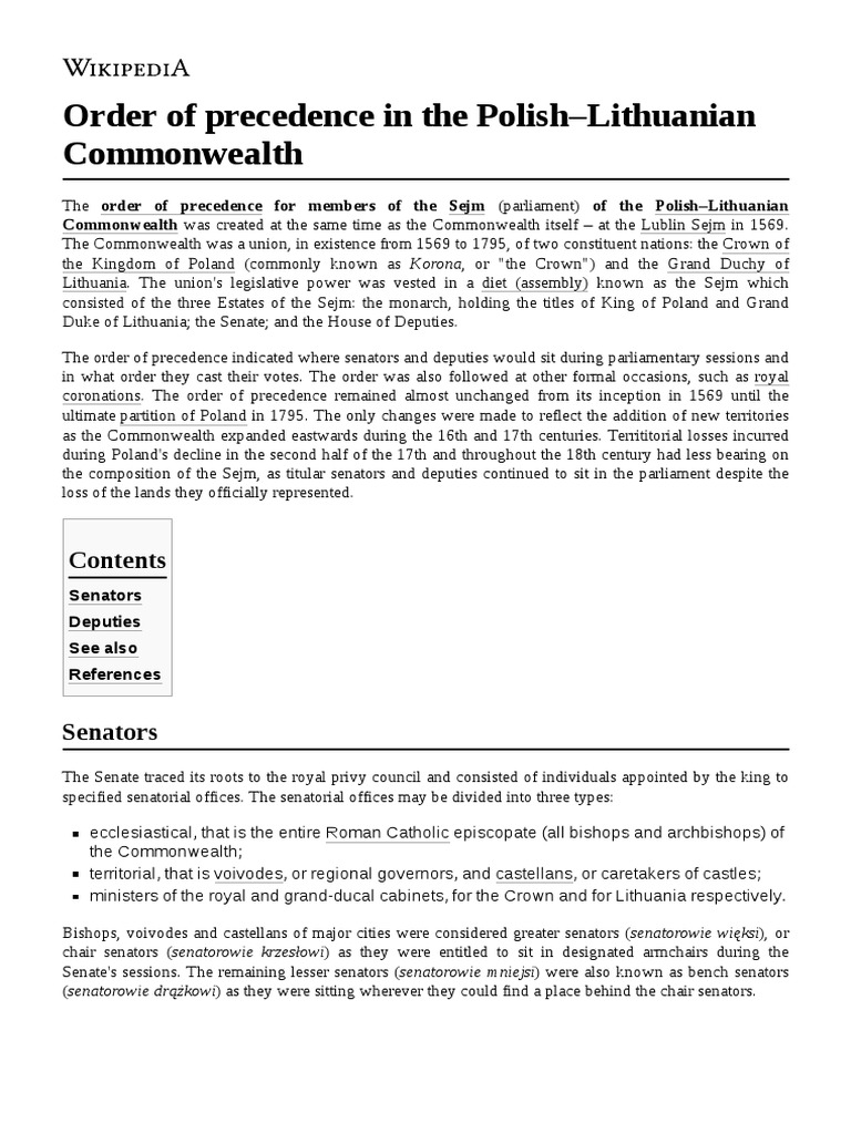 Order of Precedence in The Polish-Lithuanian Commonwealth | PDF ...