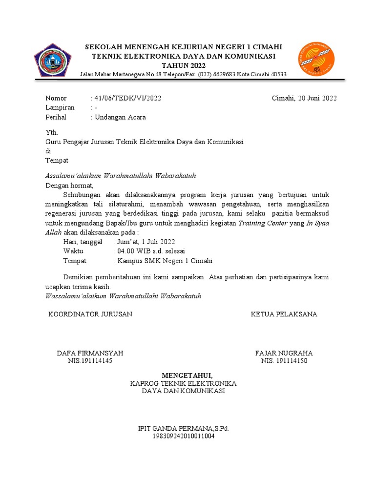 41 Surat Undangan Guru Jurusan Kegiatan Training Center Pdf