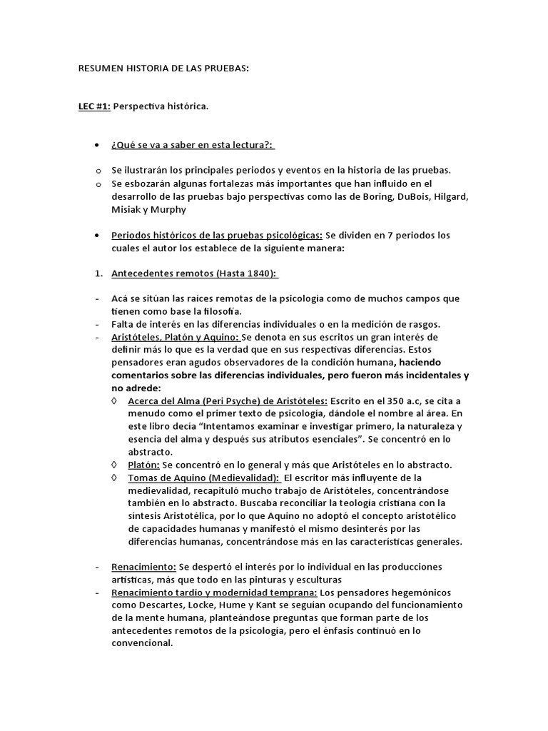 Resumen Historia de Las Pruebas | PDF | Inteligencia | Sicología