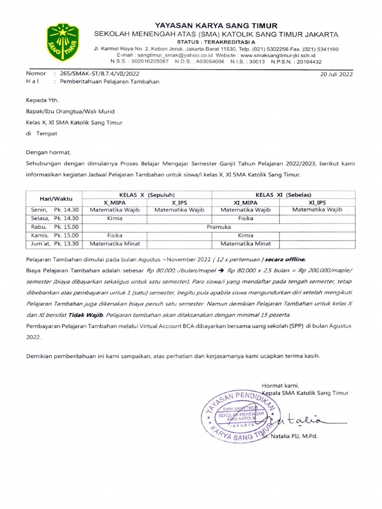 Jadwal Pelajaran Tambahan SMAK Sang Timur | PDF