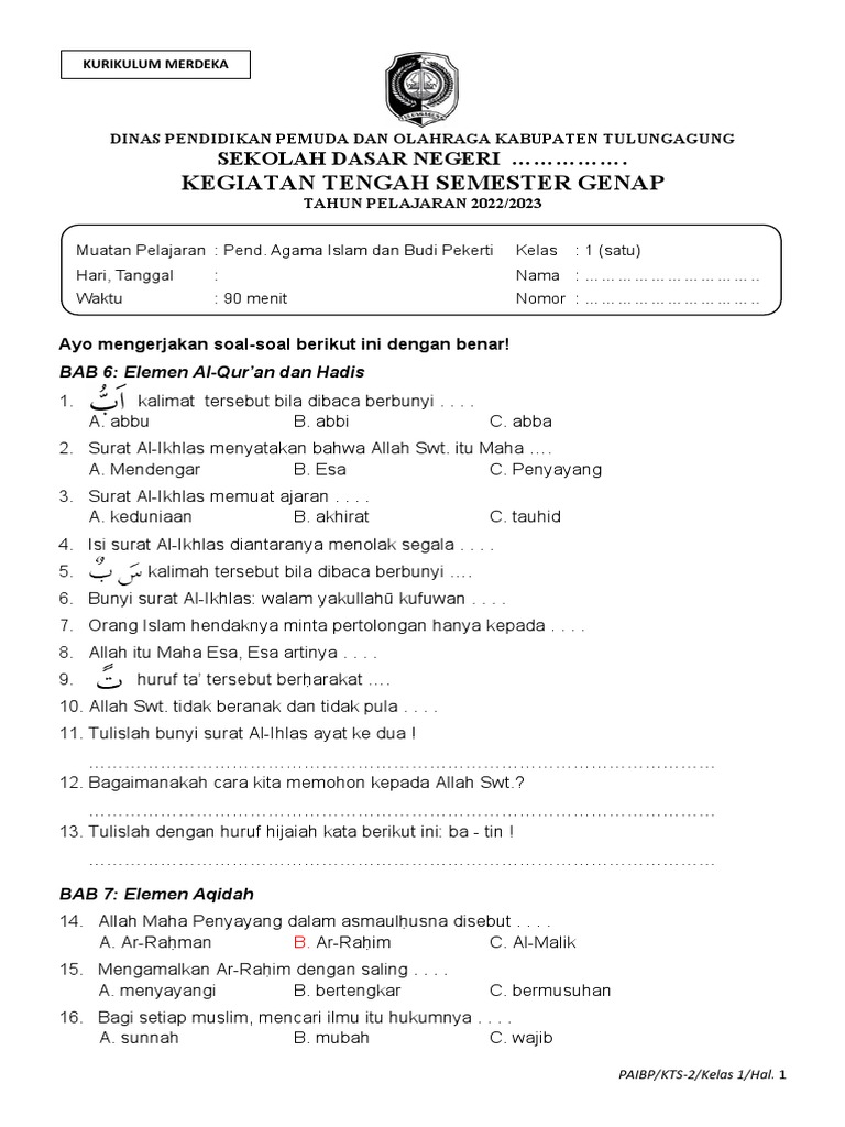 Soal Pai Kelas 1 Kumer | PDF