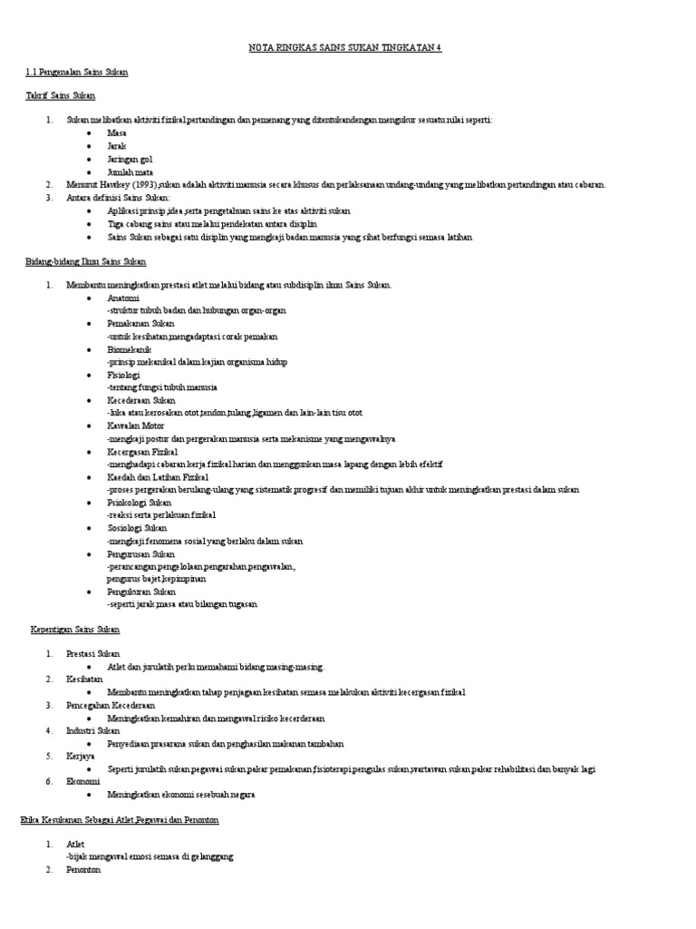 Nota Ringkas Sains Sukan Tingkatan 4 Edit | PDF