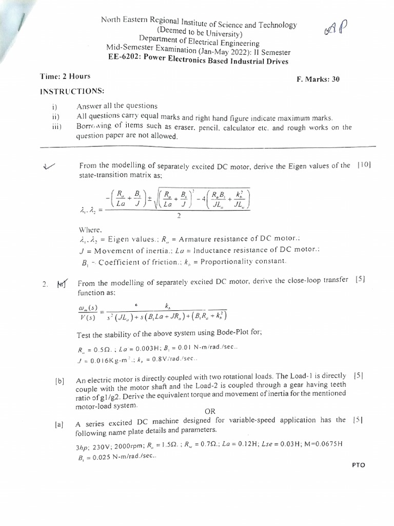 Mid Sem 2022 | PDF | Electric Motor | Electrical Engineering