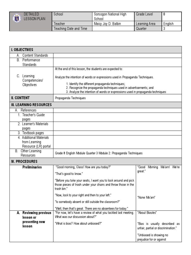 Grade 8 Lesson on Propaganda Techniques | PDF | Propaganda | Advertising