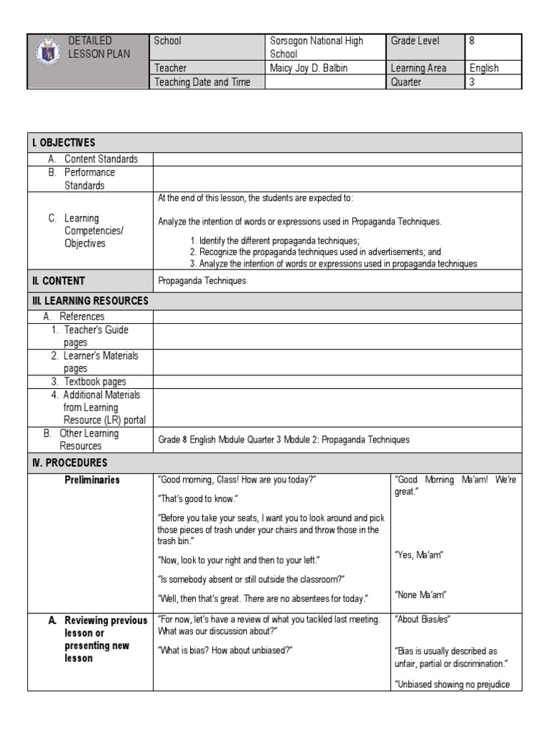 Grade 8 Lesson Plan on Propaganda Techniques | PDF | Propaganda ...