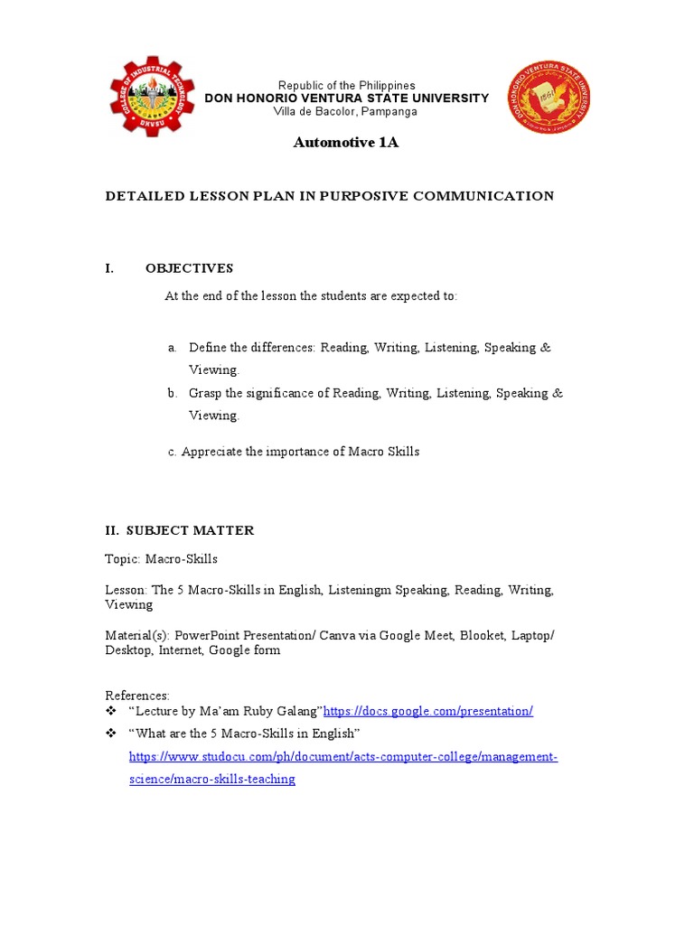 Detailed Lesson Plan on Macro Skills | PDF | Communication | Punctuation