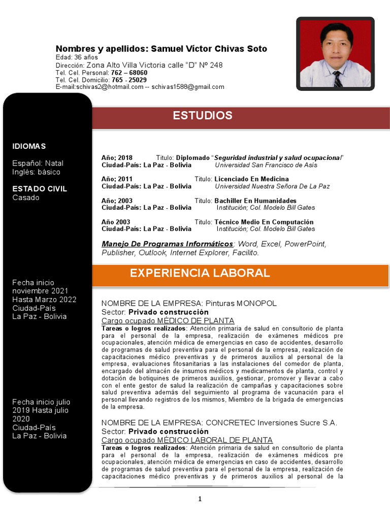 Hoja de Vida Dr. Chivas | PDF | Primeros auxilios | Bolivia