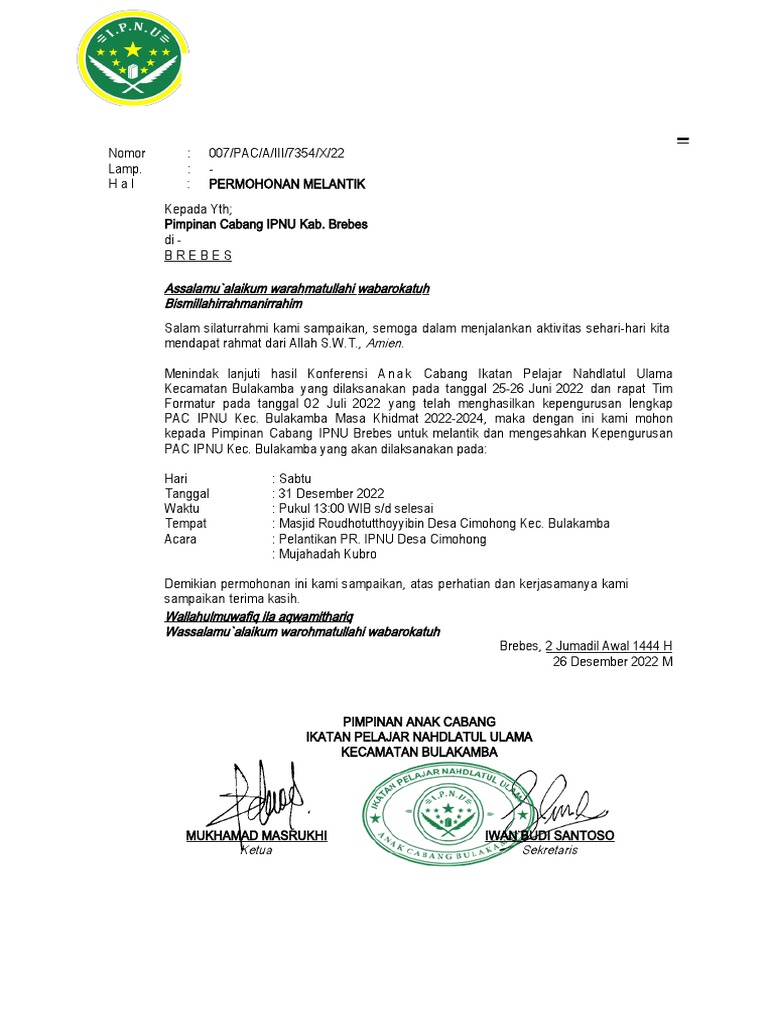 Permohonan Melantik IPNU | PDF