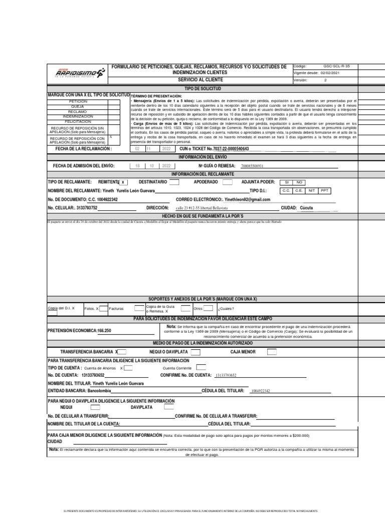 Formato PQR 2 | PDF | Transferencia bancaria
