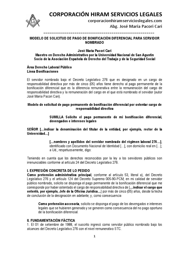 Modelo de Solicitud de Pago de Bonificación Diferencial - Autor José ...