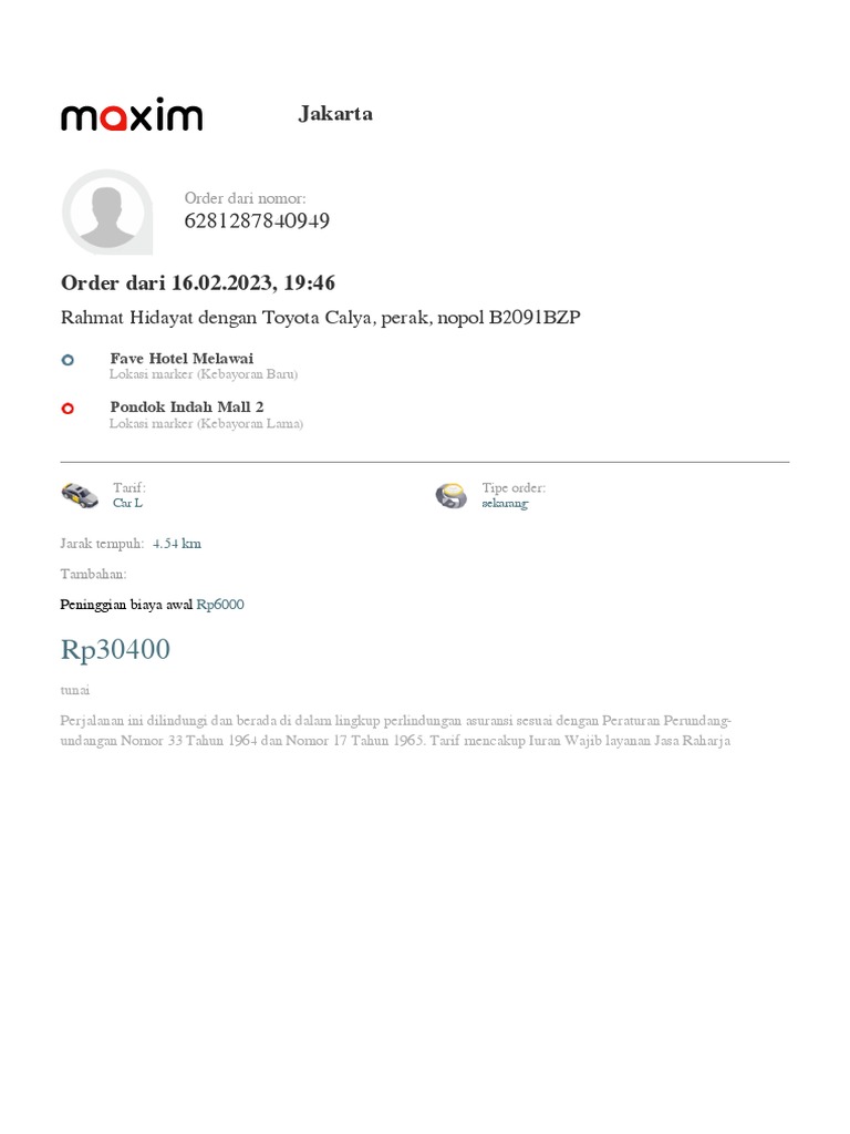 Bukti Perjalanan Dengan Maxim Indonesia Dari 16.02.2023, 19 - 46 | PDF