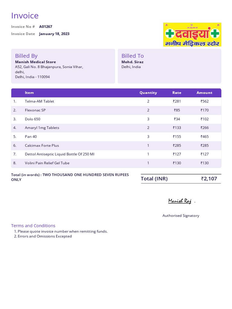 Invoice A01267 Manish Medical Store Mohd Siraz | PDF