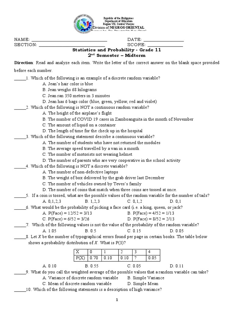 Stat Prob 11 - 3rd Quarter Assessment | PDF | Variance | Mean