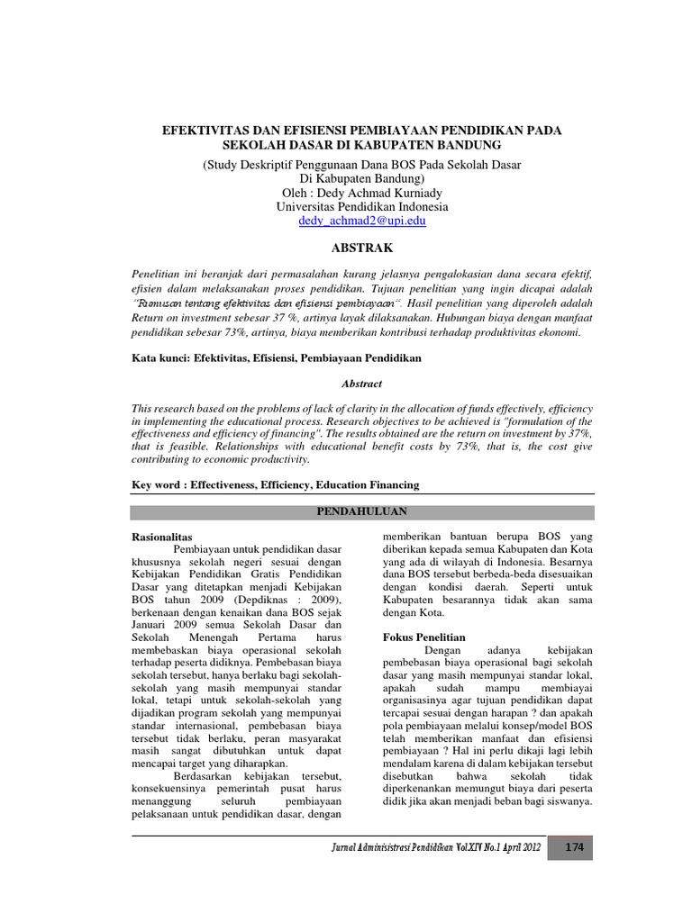 Efektivitas Dan Efisiensi Pembiayaan Pendidikan Pada Sekolah Dasar Di Kabupaten Bandung | PDF ...