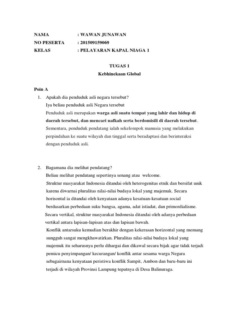 Tugas 1 Kebhinekaan Global - Wawan J | PDF