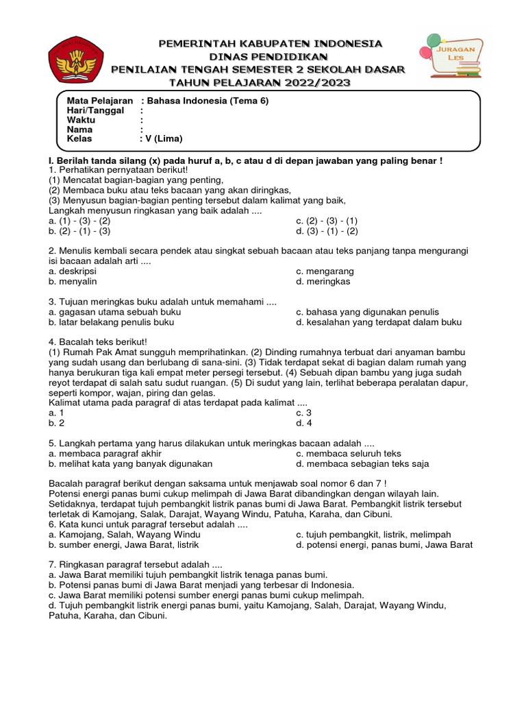 Soal Tema 6 Kelas 5 Semester 2 T.A 2022-2023 Mapel Bahasa Indonesia PDF | PDF