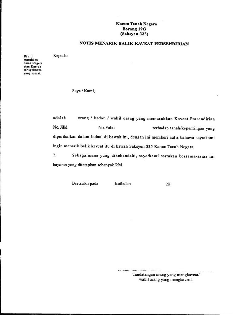 Borang 19G (Notis Menarik Balik Kaveat Persendirian) | PDF