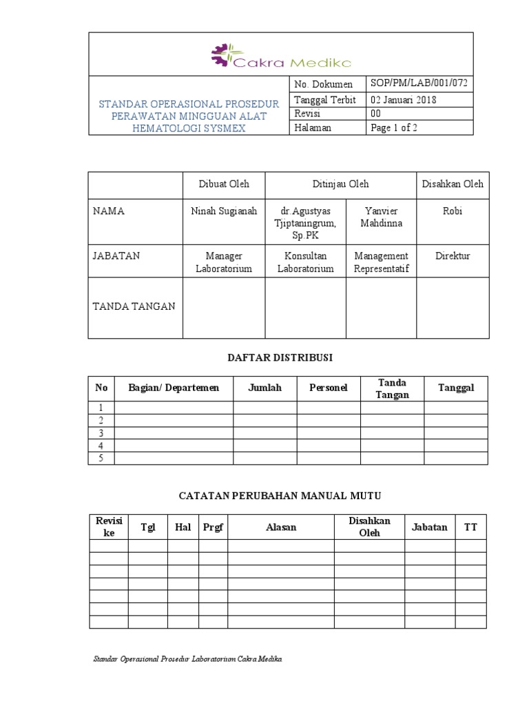 SOP Perawatan Alat Hematologi Sysmex | PDF