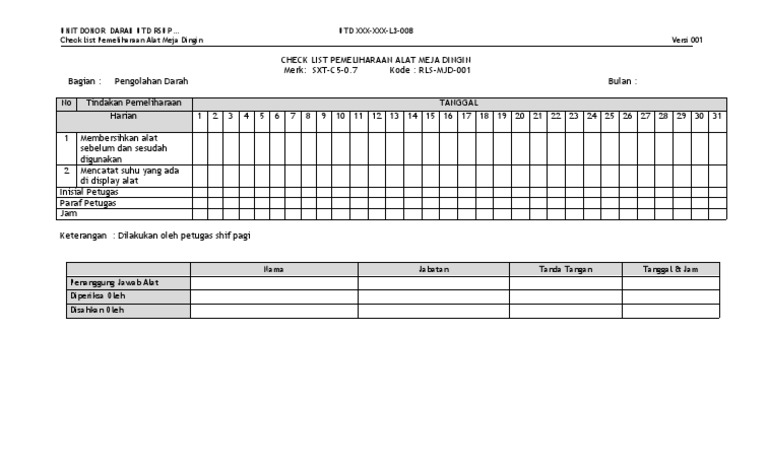 CONTOH Check List Pemeliharaan Alat Meja Dingin | PDF