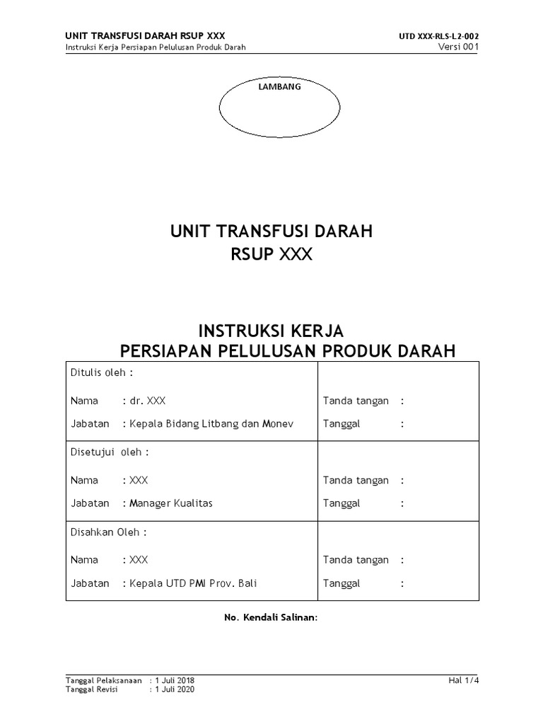 CONTOH IK UTD XXX-RLS-L2-002 IK Persiapan Pelulusan Produk Darah | PDF