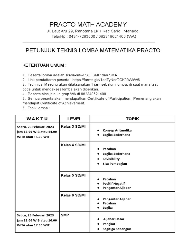 Petunjuk Teknis Lomba Matematika Practo | PDF