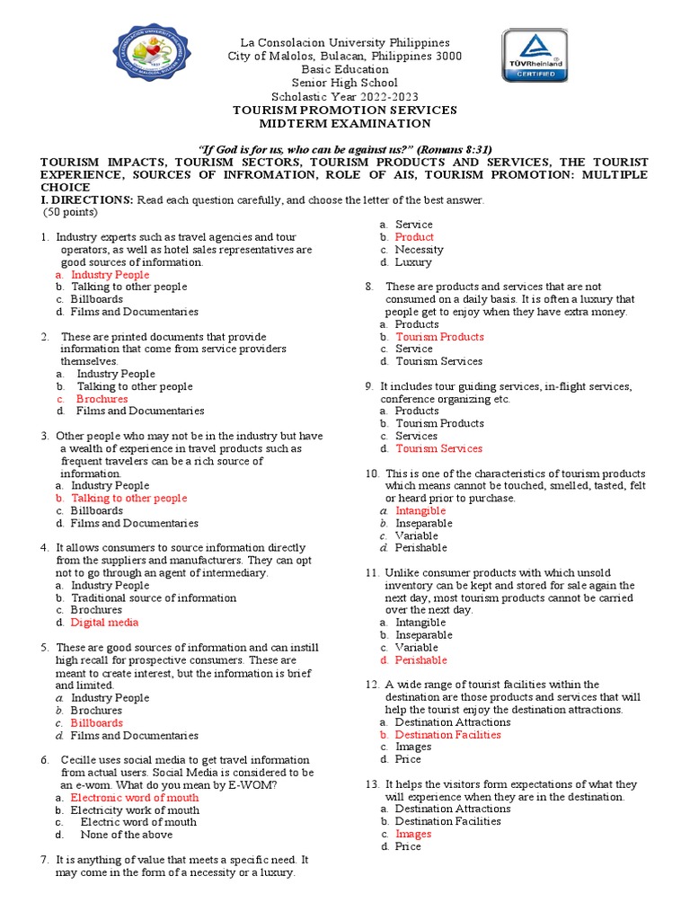 Tps Midterm 1st Sem Sy 2022 2023 | PDF | Consumer Behaviour | Tourism