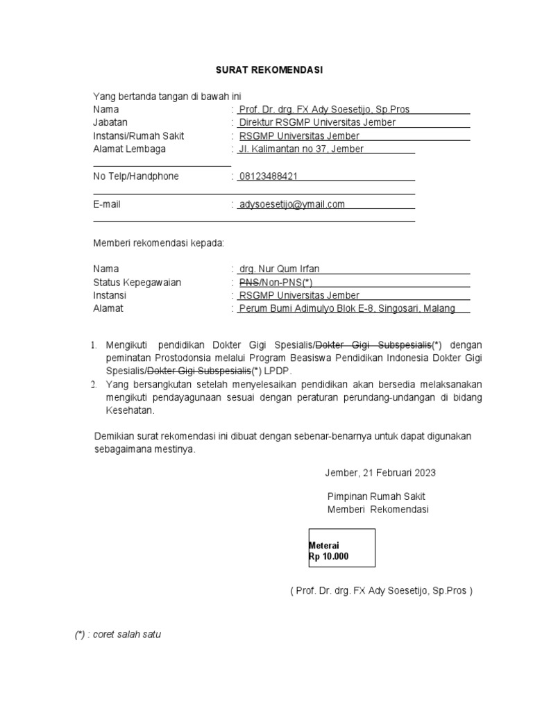 Surat Rekomendasi: ( ) : Coret Salah Satu | PDF